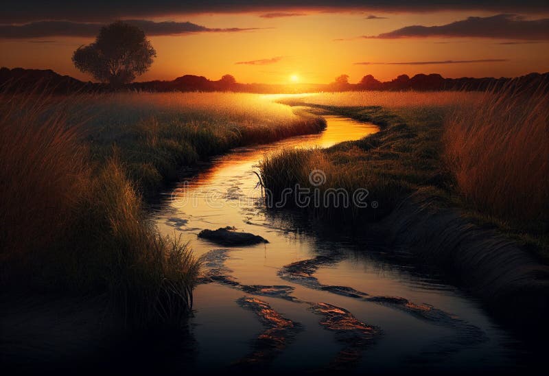 Stream in a Field at Sunset. AI Generated Stock Illustration ...