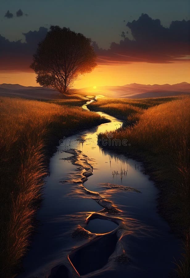 Stream in a Field at Sunset. AI Generated Stock Illustration ...