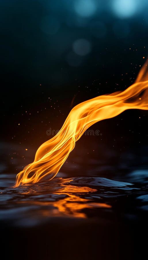 Stream of Fire Across Dark Water, Abstract Flame Background with Bokeh ...