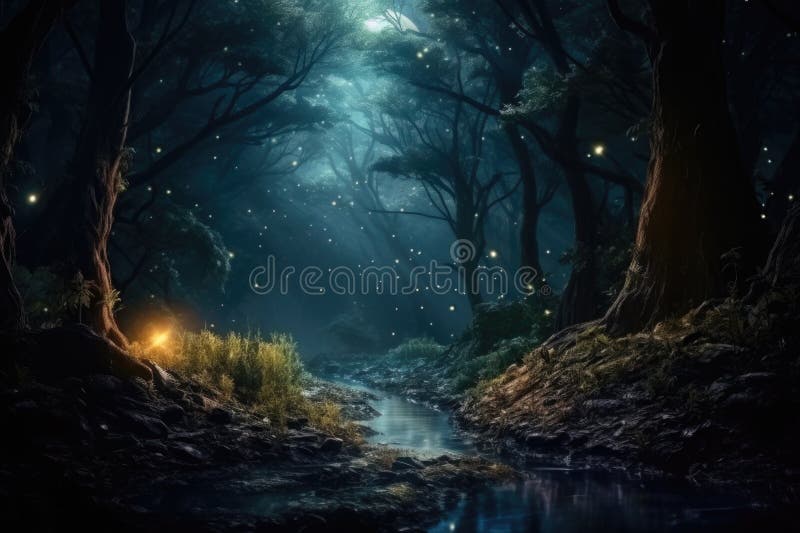 A Stream Flowing through a Dense Forest at Night. Suitable for Nature ...