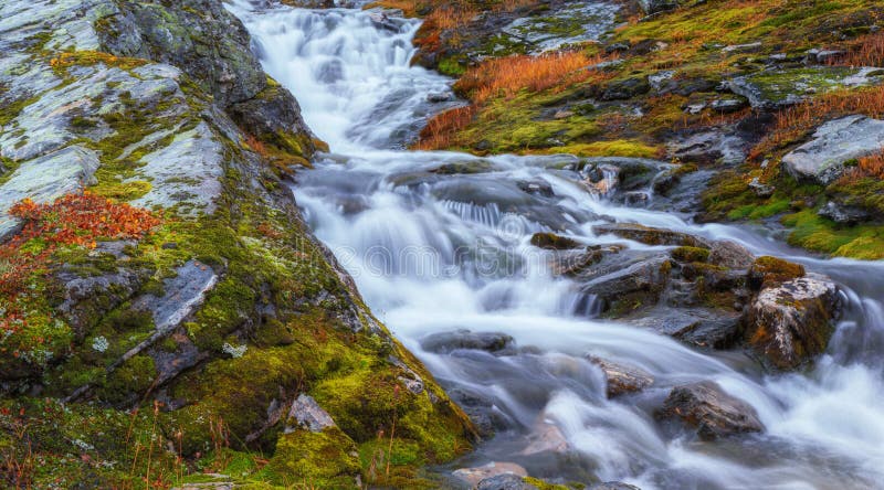 A Stream Flowing Down the Valley from the Norwegian Mountains Stock ...
