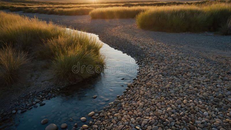 Serene Sunset Stream: Golden Hour Over Pebble Riverbed Stock ...