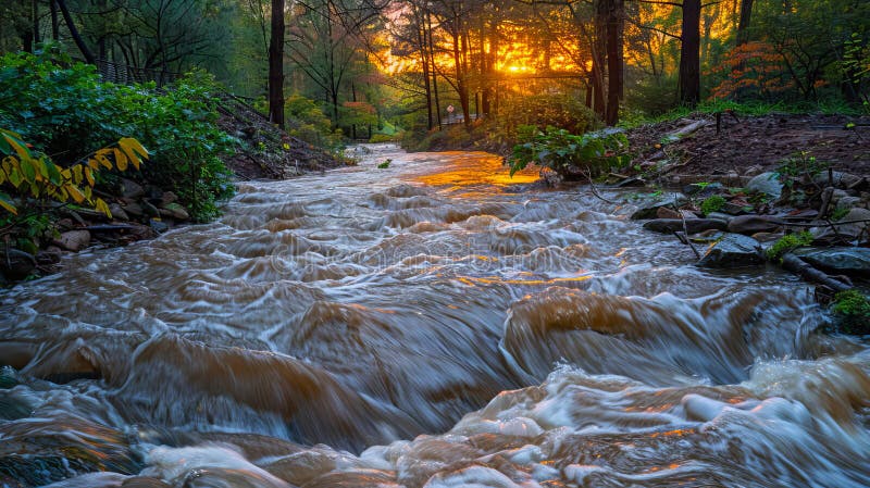 A Stream Flowing through a Forest at Sunset Stock Photo - Image of ...