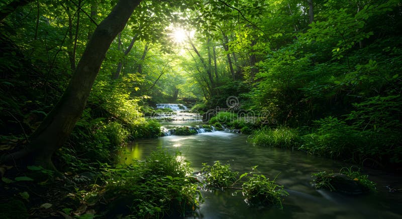 Stream Flowing through Lush Green Forest with Sunlight Stock ...