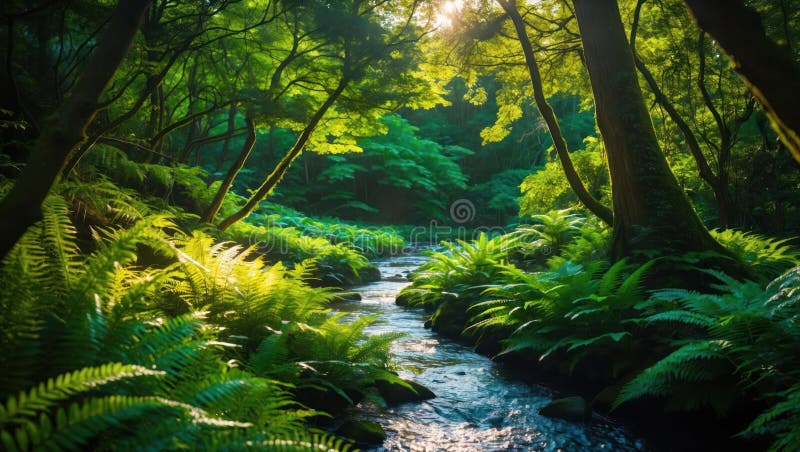 Serene Forest Stream: Sunlit Ferns and Lush Green Canopy Stock Illustration - Illustration of ...