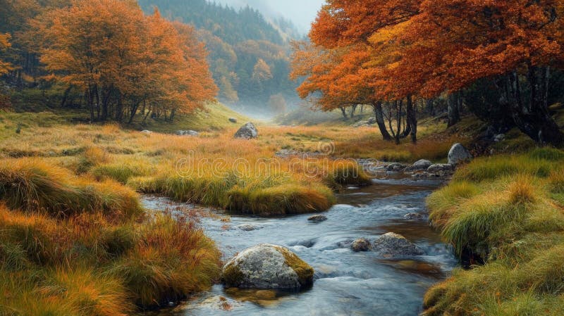 Stream Flowing through a Meadow with Fall Foliage in the Background ...