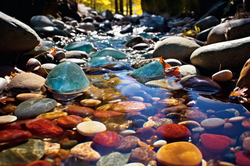 Stream Flowing Over Colorful Pebbles in a Forest Stock Illustration ...
