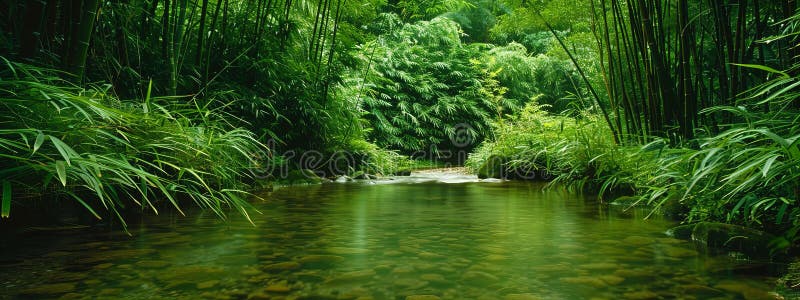 Stream Flows through a Dense Bamboo Forest in a Serene Natural Setting ...