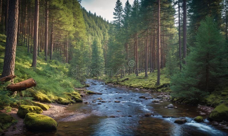 A Stream Flows through a Dense Forest on a Sunny Afternoon Stock Image ...