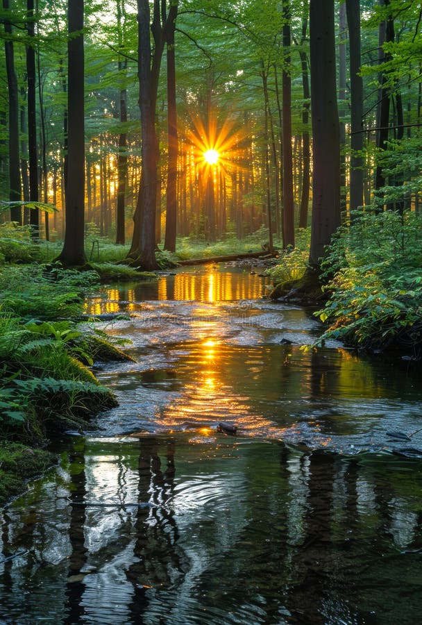 Sunset Stream in Forest. a Peaceful Stream Flows through a Dense Forest ...