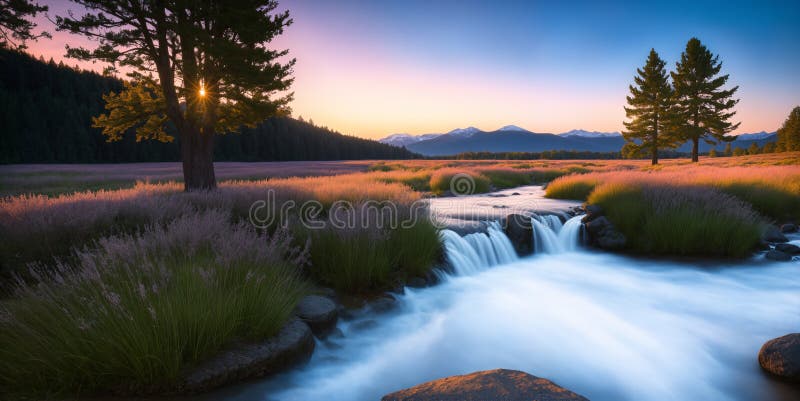 A Stream Flows Like a Small Waterfall, Flowing through a Flower Field ...
