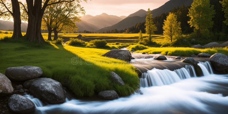 A Stream Flows Like a Small Waterfall through a Green Meadow in the ...