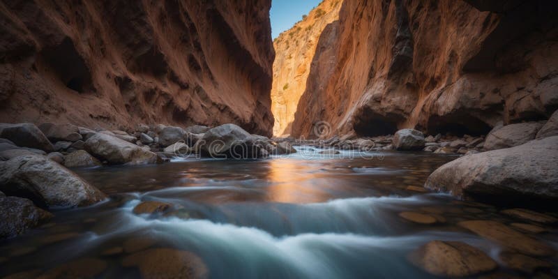 A Stream Flows through a Narrow Gorge between Rugged Coastal Cliffs ...