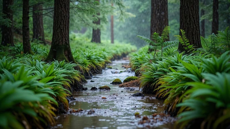 Stream through Forest with Ferns during Rainfall Stock Illustration ...