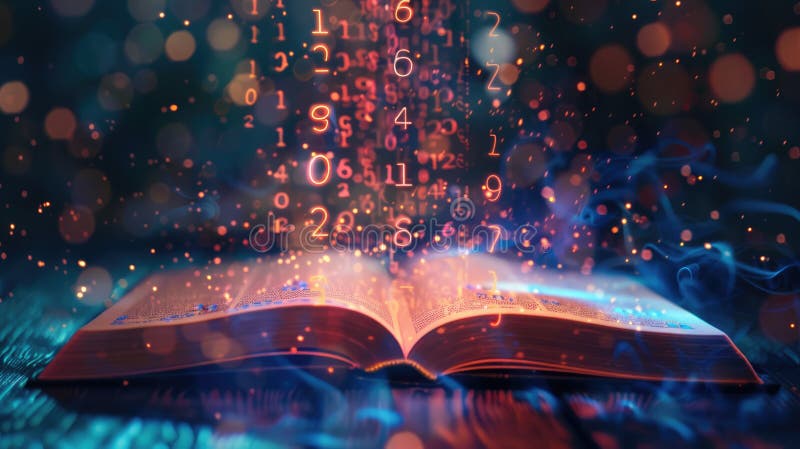 A Stream of Glowing Neon Numbers from an Open Book To a Tablet ...