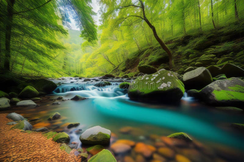 Stream in the Green Forest. Beautiful Nature Scene. Long Exposure Stock ...