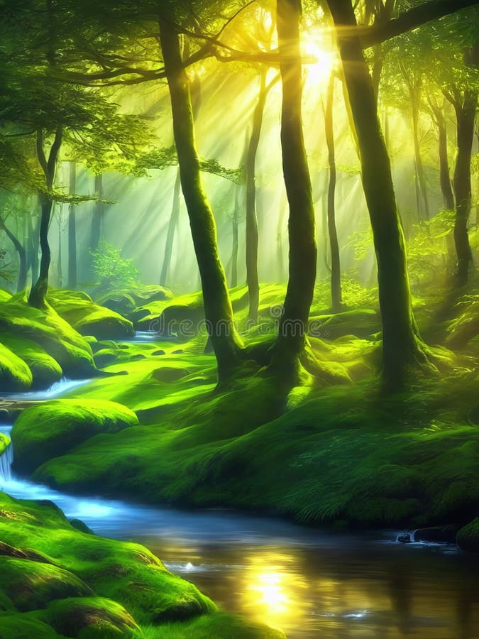 Stream and Green Woodland in the Sunlight. Stock Photo - Image of ...