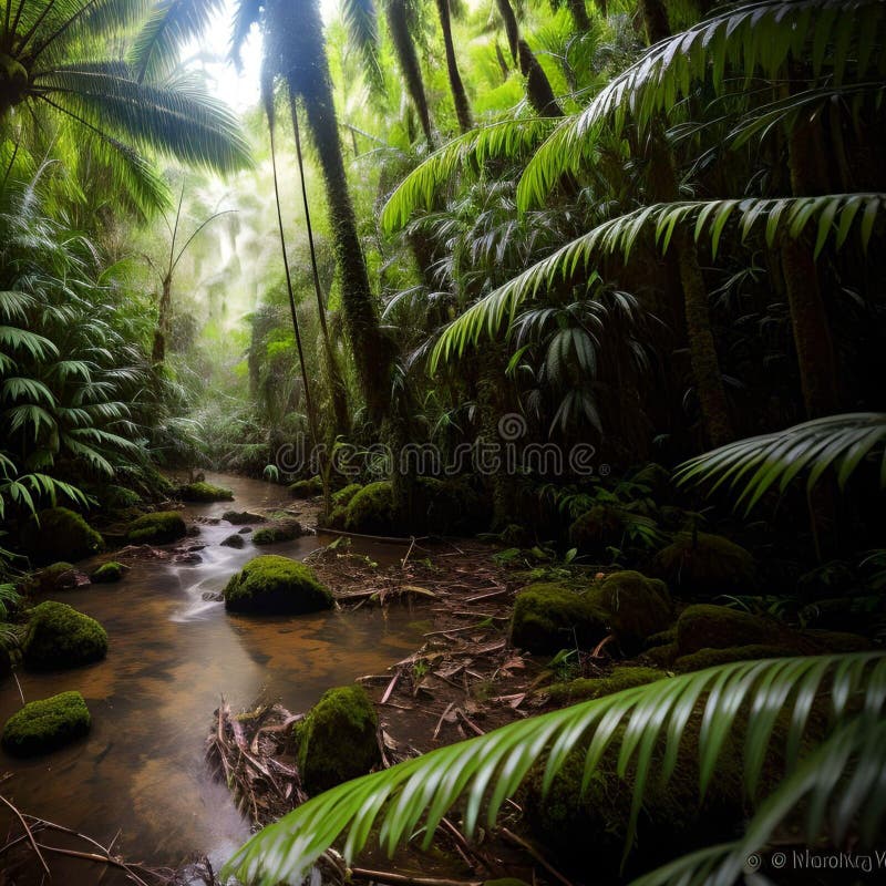 Stream in a Jungle of Palms Stock Illustration - Illustration of nature ...