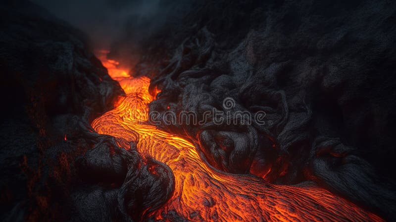 A Stream of Lava Flowing through a Lava Covered Mountain Side Stock ...