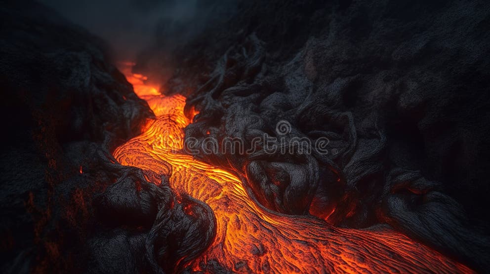 A Stream of Lava Flowing through a Lava Covered Mountain Side Stock ...