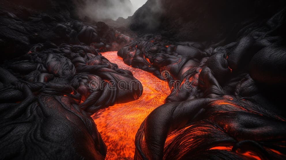 A Stream of Lava Flowing through a Lava Covered Mountain Side Stock ...