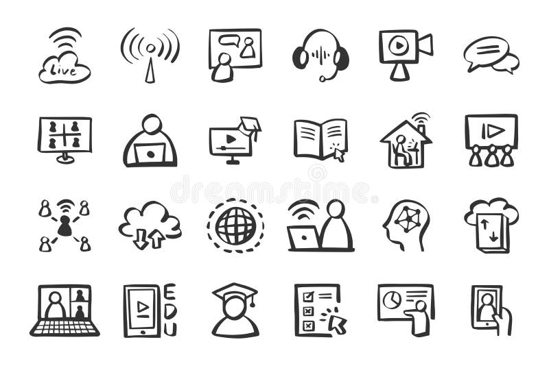 Stream Live Online Learning Icon Set Hand Drawn Doodle Icons Stock ...