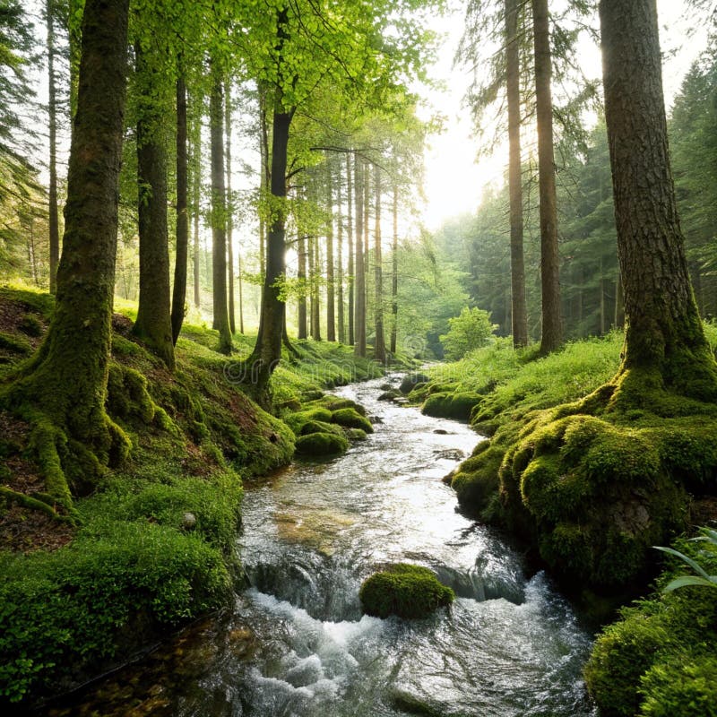 Stream in Lush Green Forest Stock Illustration - Illustration of ...