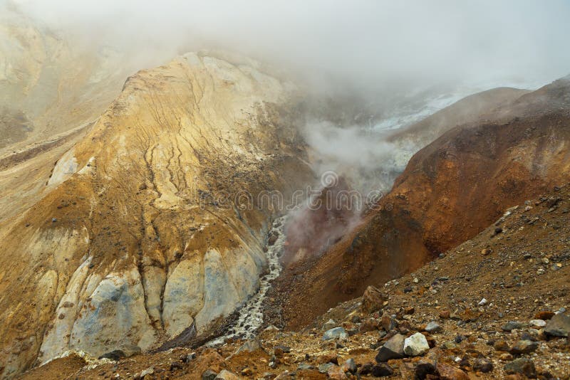 Stream from Melting of Glaciers on the Active Volcano Mutnovsky. Stock ...
