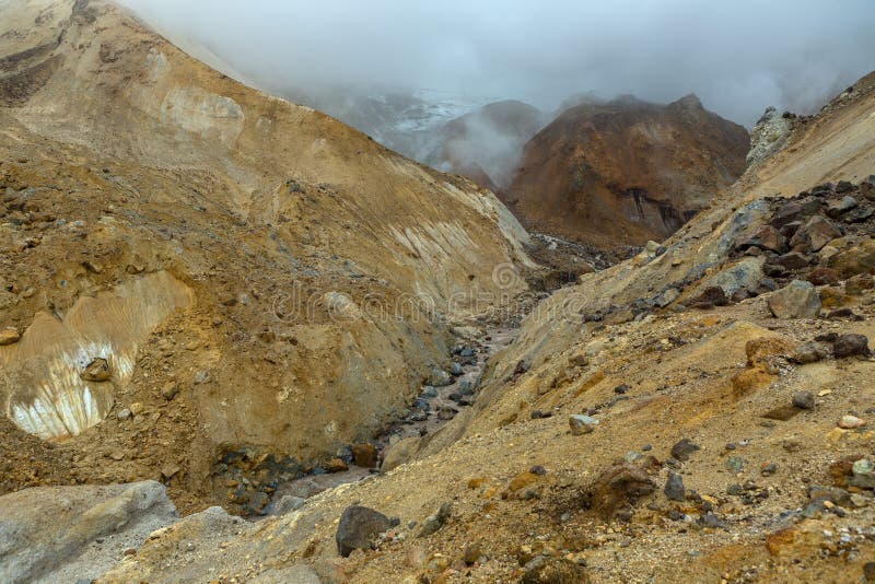 Stream from Melting of Glaciers on the Active Volcano Mutnovsky. Stock ...