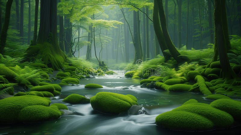 Stream with Moss Overgrown in a Green Forest Stock Illustration ...