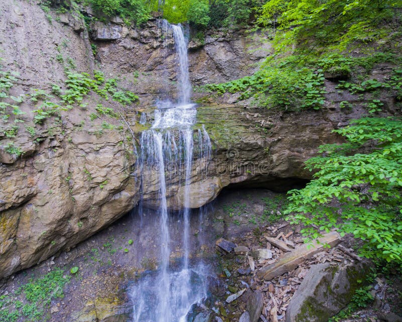 Stream Mountain Waterfall Cascading from the Cliff. Aerial View Stock ...