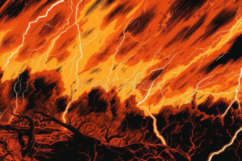 Stream of Orange Lightning Strikes, Comic Book Pattern. Generative AI ...