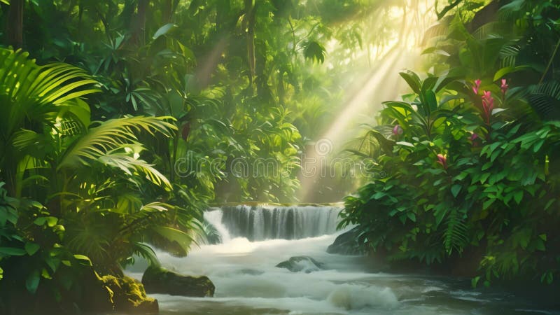 A Stream Peacefully Flows through a Dense and Vibrant Green Forest ...