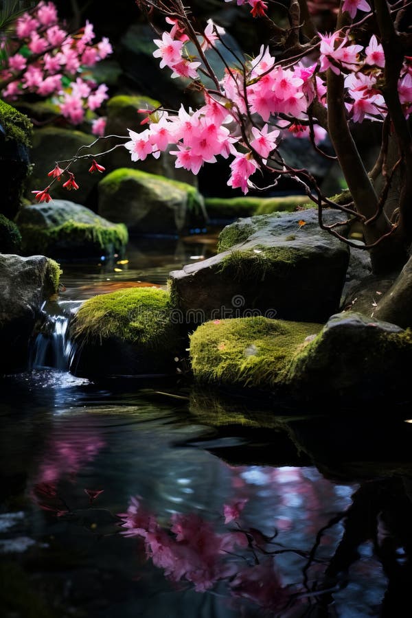 Stream with Pink Flowers and Moss Growing on Rocks in the Water ...