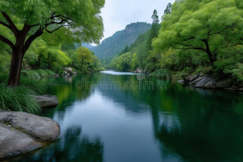 Stream Pool on Mountain River among Rocky Wooded Banks Stock ...