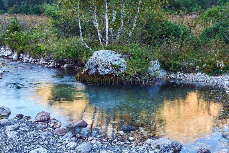 Stream Pool of a Small Mountain River with a Beautiful Rock on the Bank ...