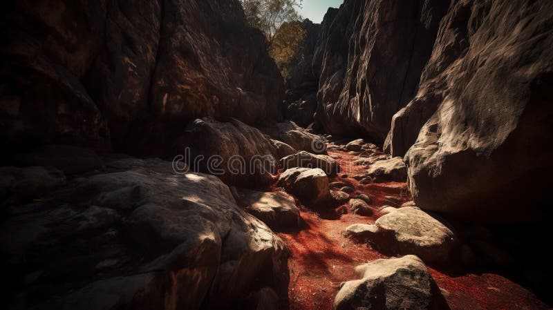 A Stream of Red Water Running through a Rocky Canyon Filled with Rocks ...