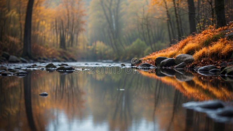 A Stream Reflecting Autumn Colors in a Foggy Forest. Stock Image ...