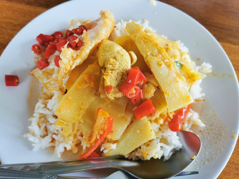Stream Rice with Chicken Curry with Bamboo Shoot and Fried Egg Stock ...