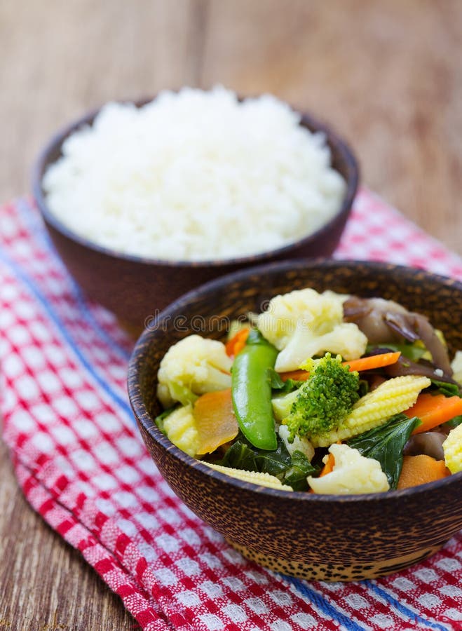 Stream Rice with Stir Fried Mixed Vegetable Stock Photo - Image of ...