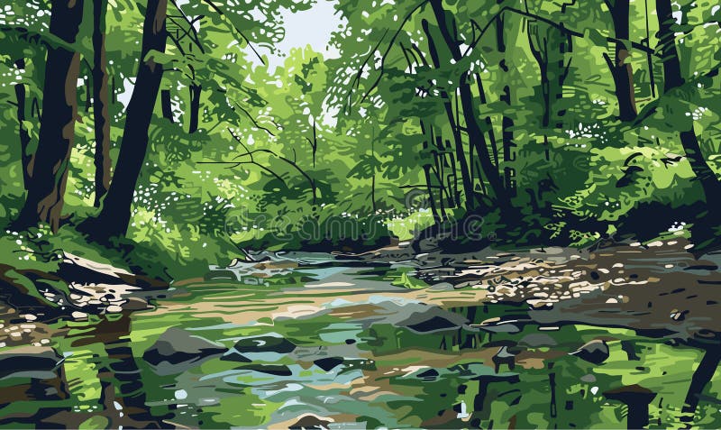 A Stream of River Creek Flowing Across a Dense Green Forest, Vector ...