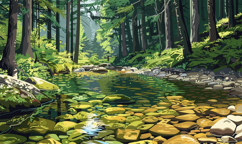 A Stream of River Creek Flowing Across a Dense Green Forest, Vector ...