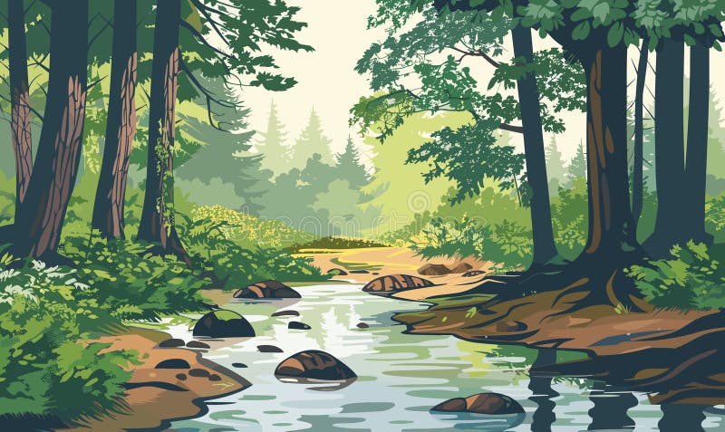 A Stream of River Creek Flowing Across a Dense Green Forest, Vector ...
