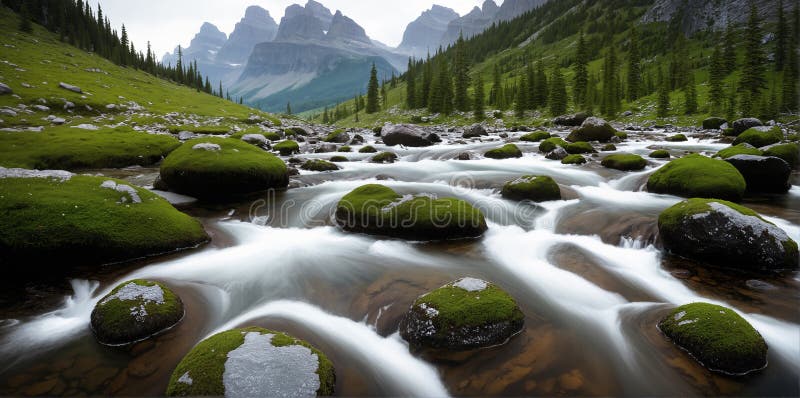 A Stream with Rocks and Green Moss. the Background is a Pine Forest and ...