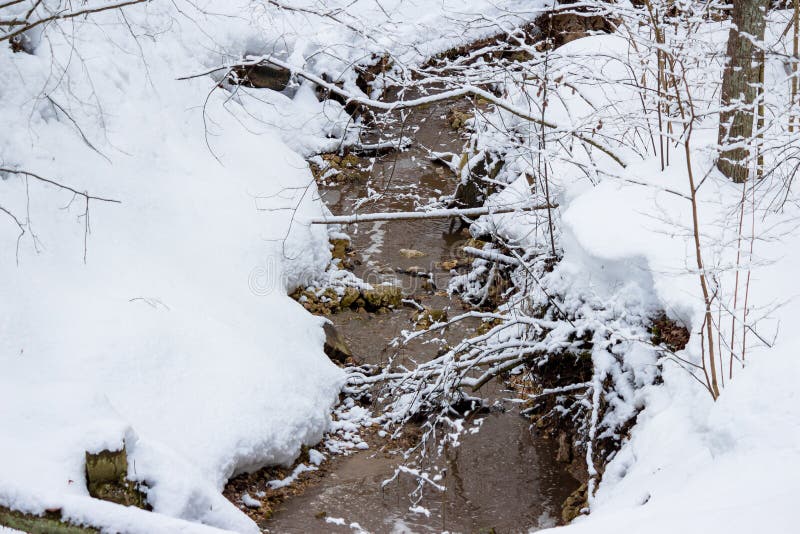 A Stream with a Rocky Bed Flowing Surrounded by Snow-covered Banks in ...
