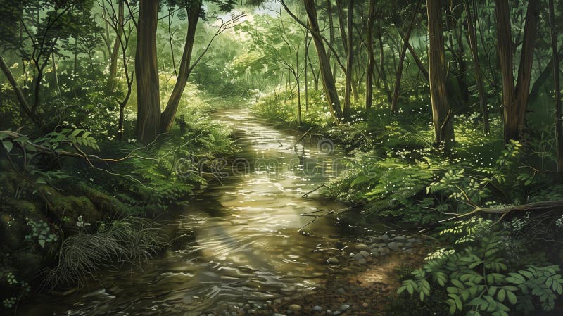 Stream Running through a Forest Stock Illustration - Illustration of ...