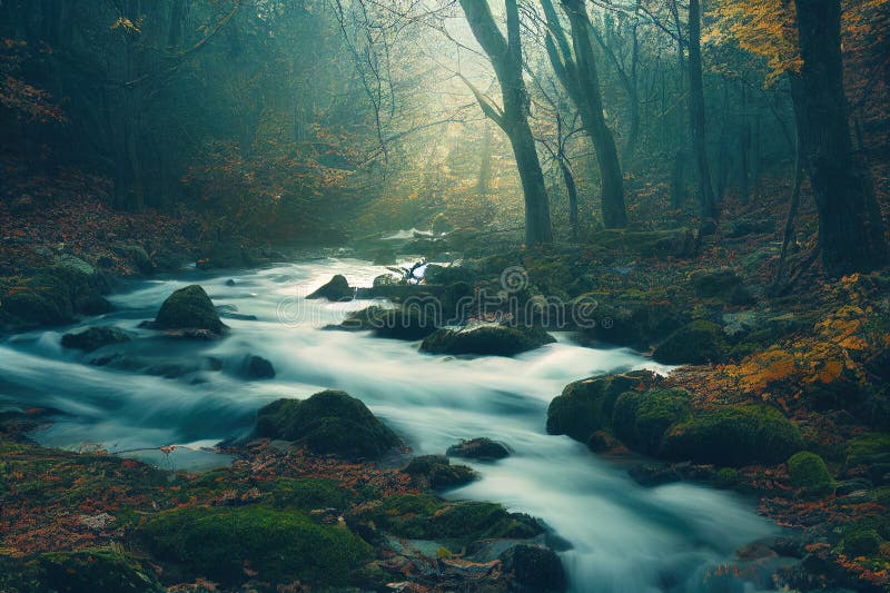 A Stream Running through a Forest Filled with Lots of Trees and Leaves ...