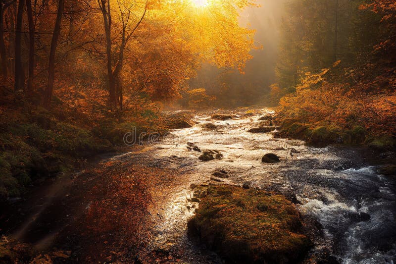 A Stream Running through a Forest Filled with Trees and Leaves in the ...