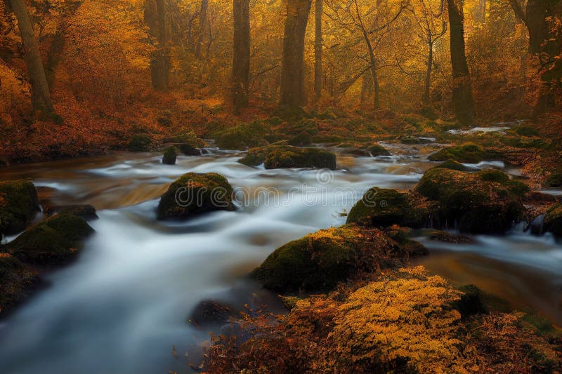 A Stream Running through a Forest Filled with Trees and Rocks in the ...