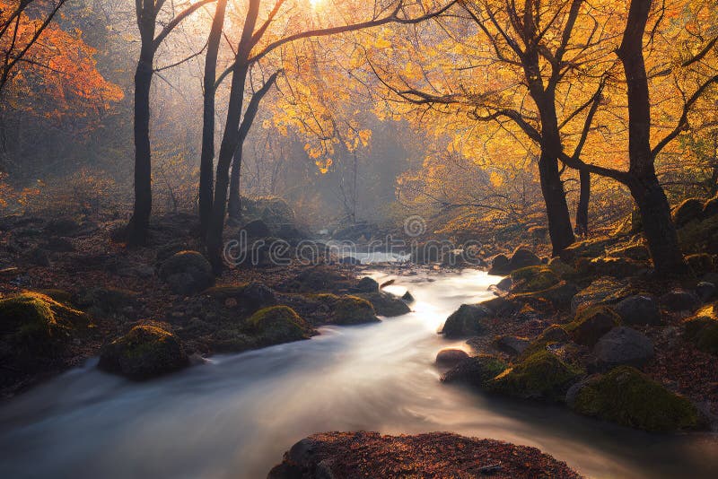 A Stream Running through a Forest Filled with Trees and Rocks in the ...